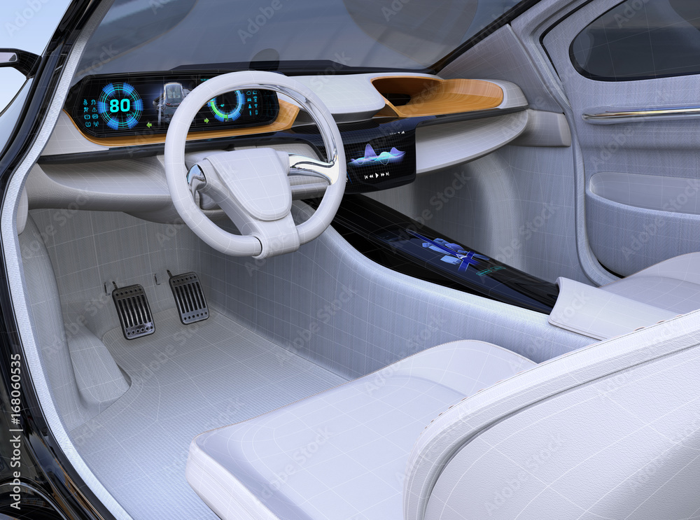 Electric vehicle interior concept in wireframe. 3D rendering image ...