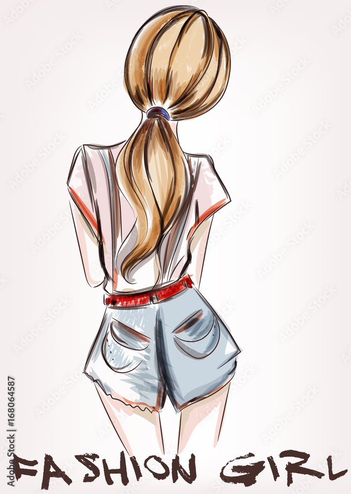 Fashion illustration with beautiful girl standing back Stock Vector ...