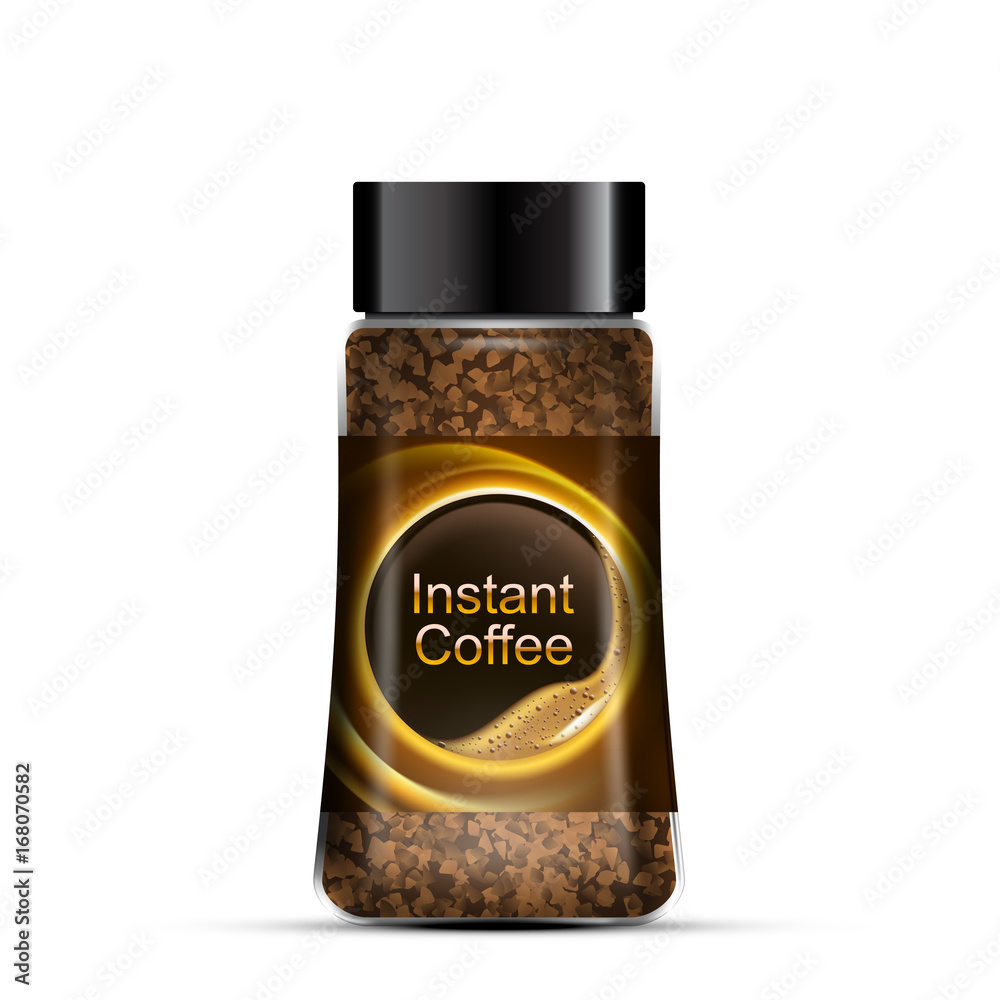 Instant coffee package design. Transparent glass bottle. Vector ...