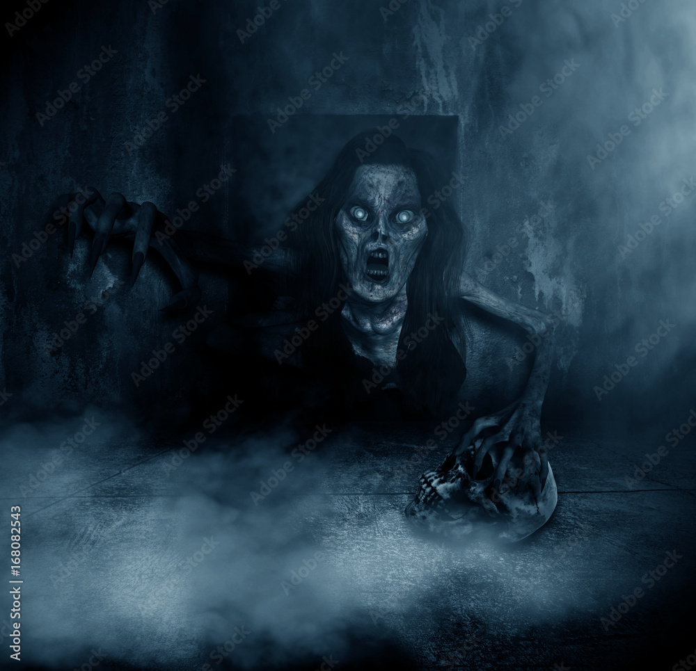 3d illustration of scary ghost woman coming out from the hole of grunge ...