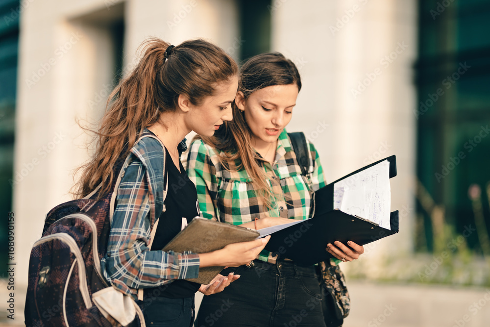 Pretty girl explaining the answer to her friend who is looking ...