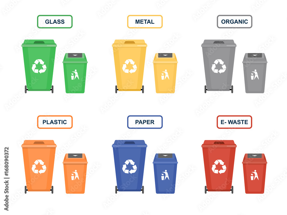 Garbage cans vector flat illustrations. Sorting garbage. Ecology and recycle concept. Trash cans ...