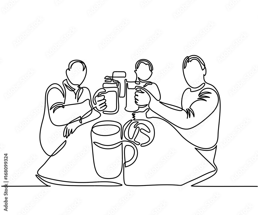 Sitting men and drinking beer in time Oktoberfest. Continuous line ...