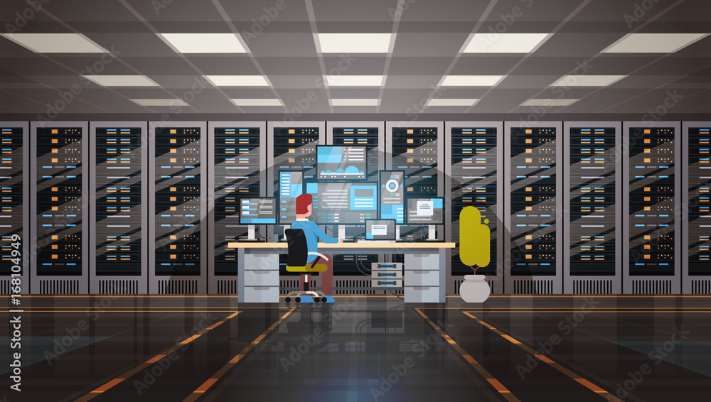 Man Working In Data Center Room Hosting Server Computer Monitoring Information Database Flat ...