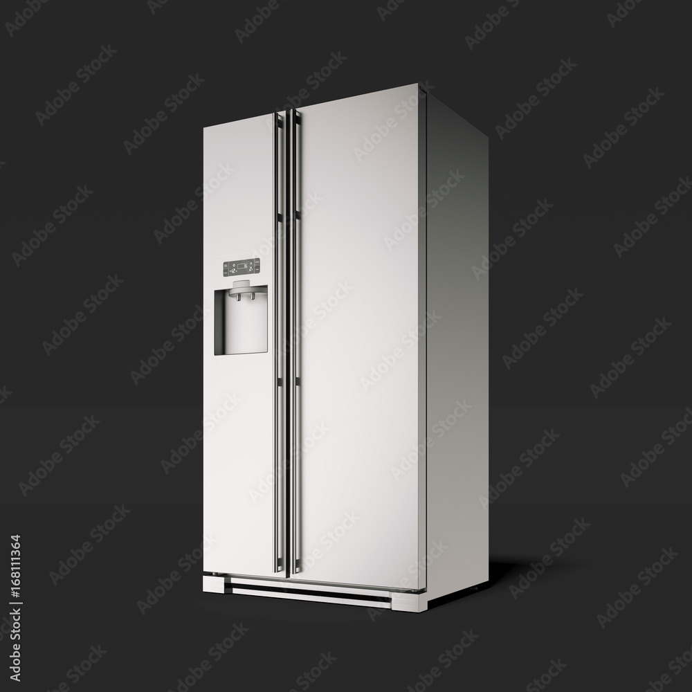 Silver refrigerator in the black studio. 3d rendering Stock ...