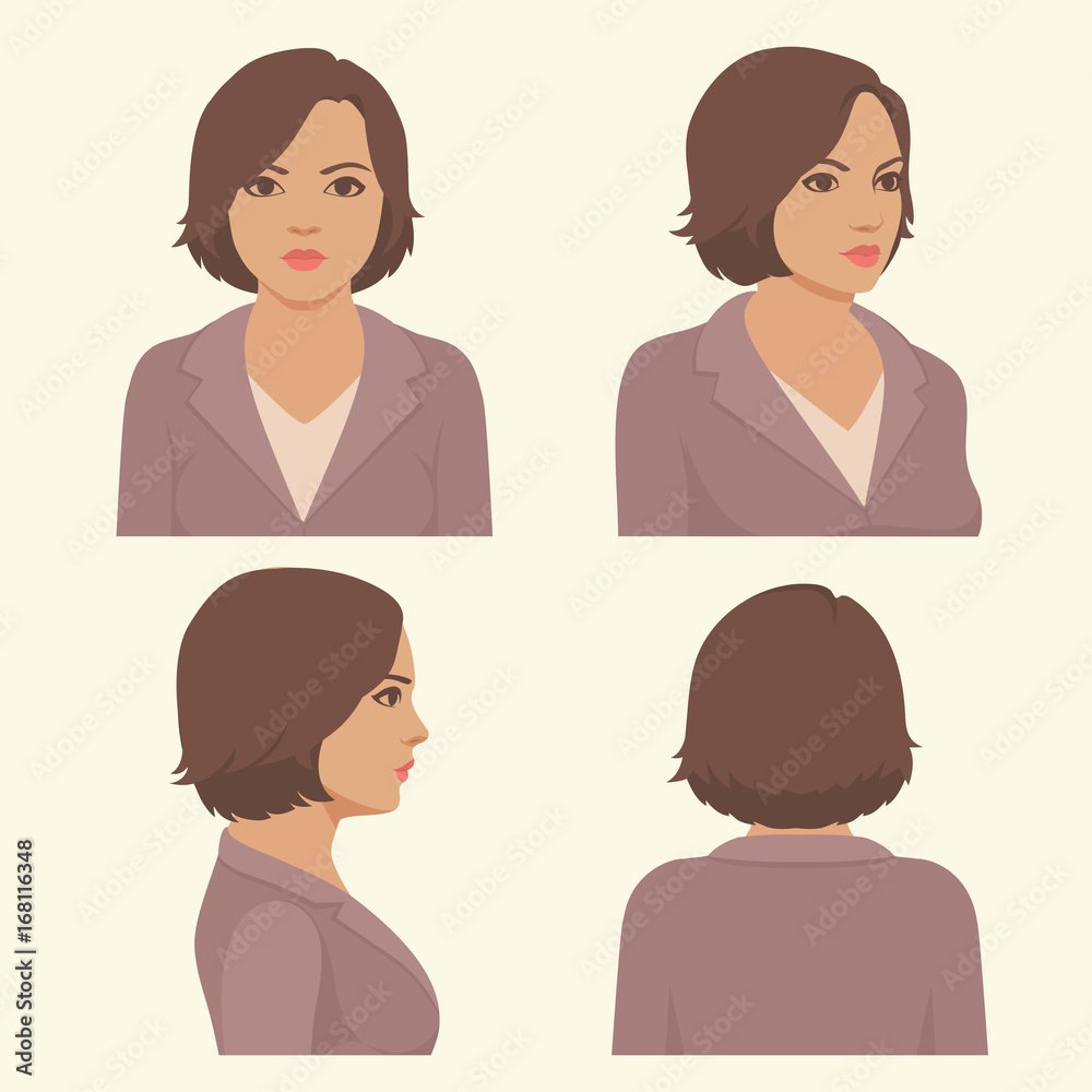 vector girl hairstyles , full face and profile head character Stock ...