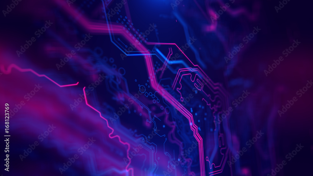 Purple, violet, blue neon background with digital integrated network ...