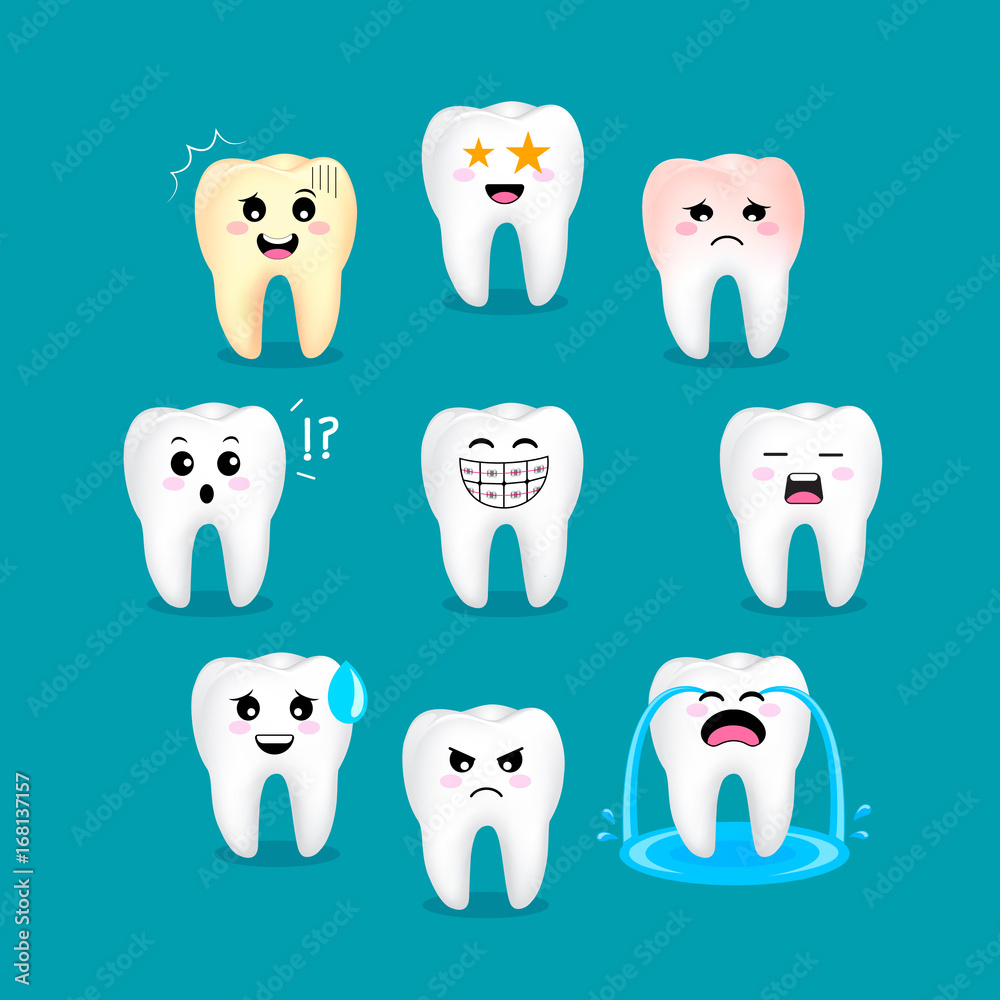 Set of cute cartoon tooth emoticons with different facial expressions ...