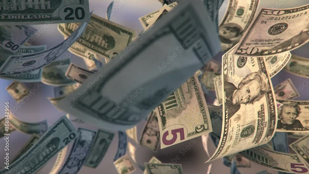 Computer generated background with dollar bills falling down in slow ...