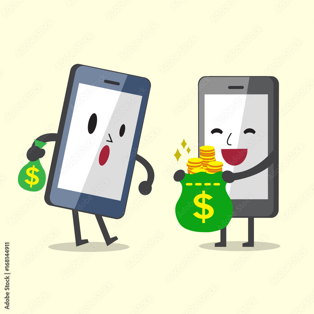 Cartoon smartphone carrying big money bag and smartphone carrying small ...