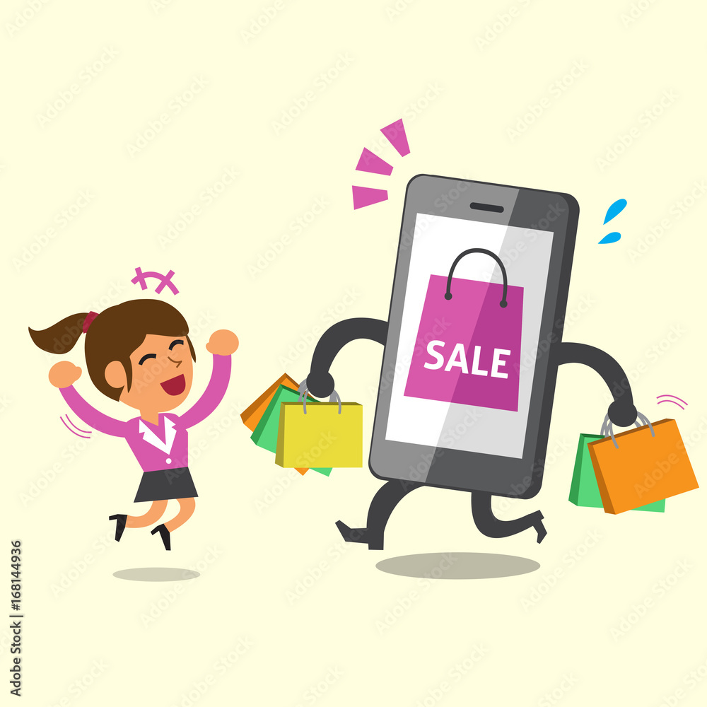 Cartoon smartphone helping a woman to shopping Stock Vector | Adobe Stock
