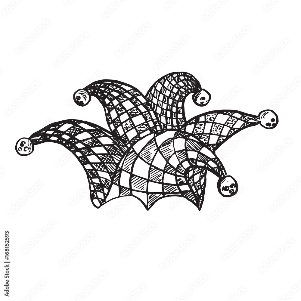 Checkered jester hat, hand drawn doodle, sketch in woodcut style, black ...