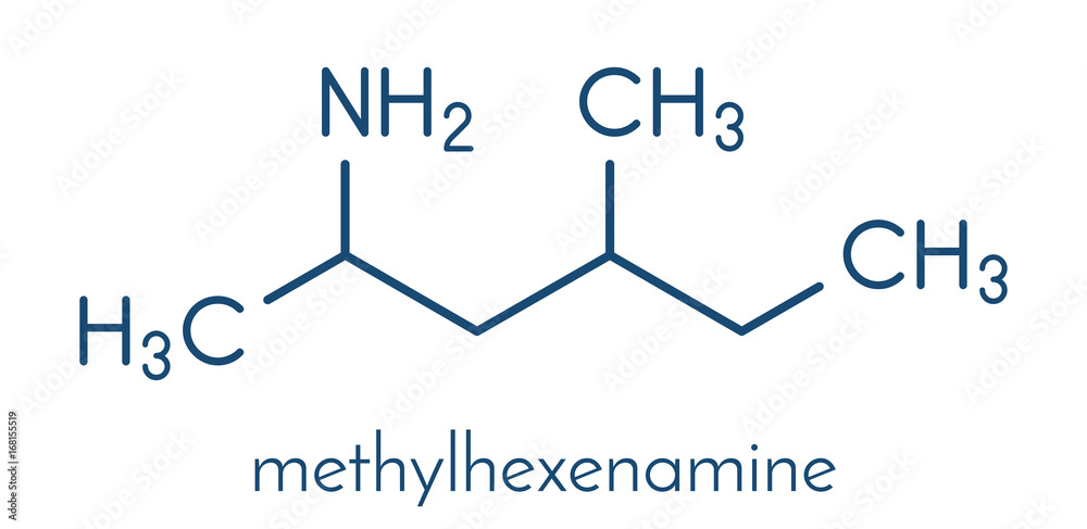 Methylhexanamine (dimethylamylamine, DMAA) stimulant molecule. Skeletal ...