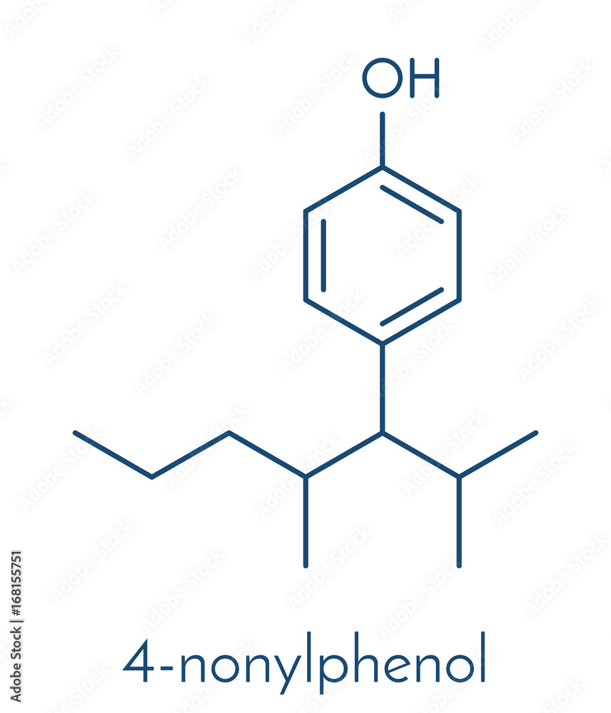 Nonylphenol endocrine disruptor molecule (one isomer shown). Skeletal ...