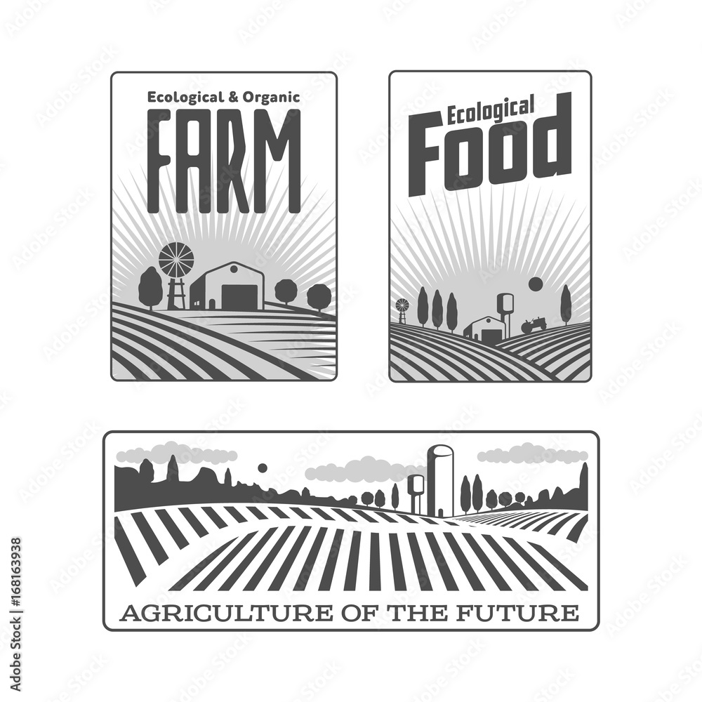 Farm field labels set of logo, badge, label with fields and water ...