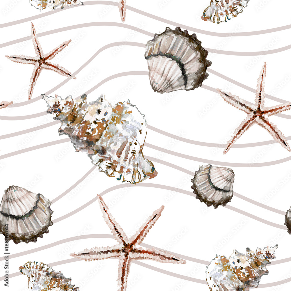 Seamless marine pattern with shells, starfish and beige wavy lines on ...
