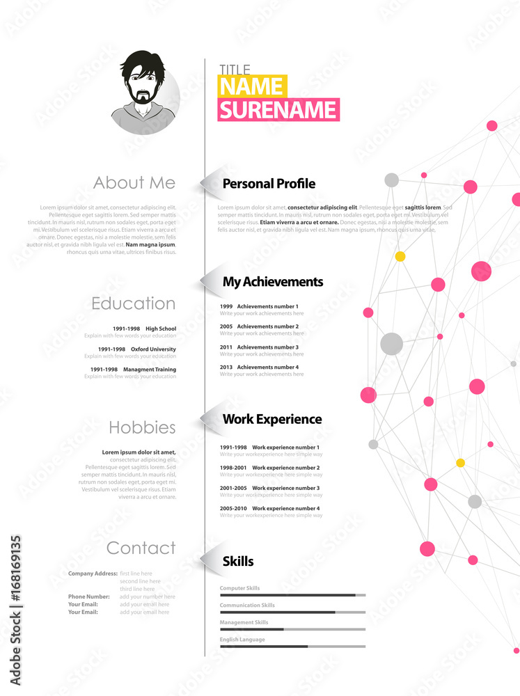 Creative simple cv template with yellow and pink circles and dots on ...