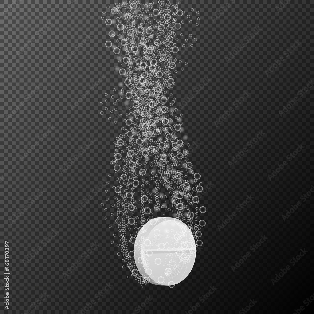 Vector illustration of effervescent pill, soluble tablet falling in ...