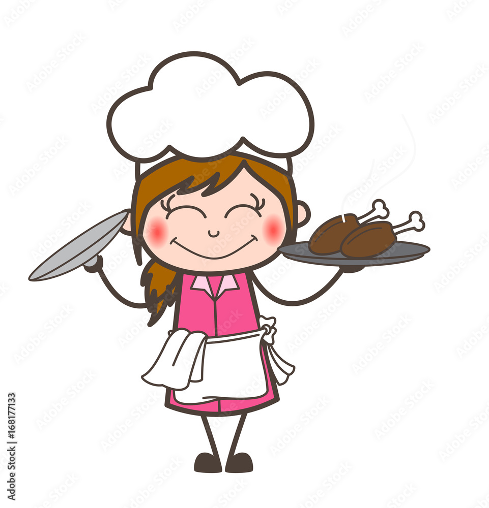 Cartoon Blushing Waitress Presenting Chicken Food Vector Stock Vector ...