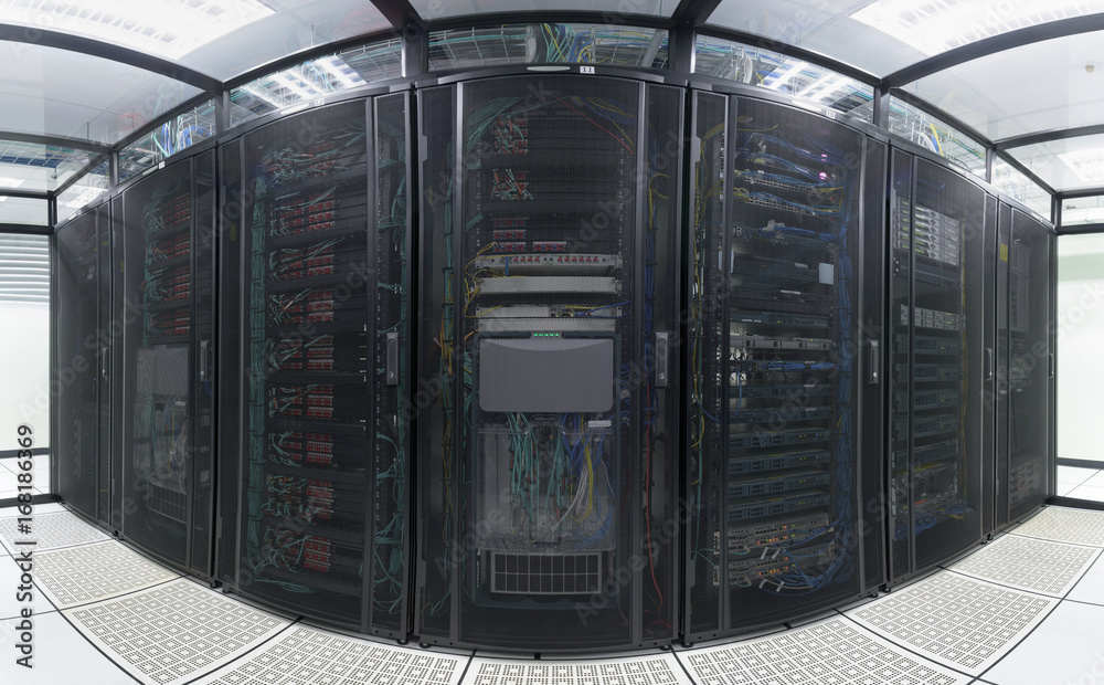 Panorama wide angle view modern interior of server room, Super Computer ...