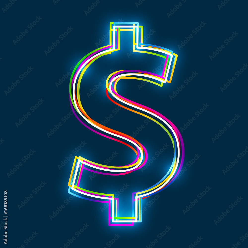 Dollar sign. Multicolor outline symbol with glowing effect on blue ...