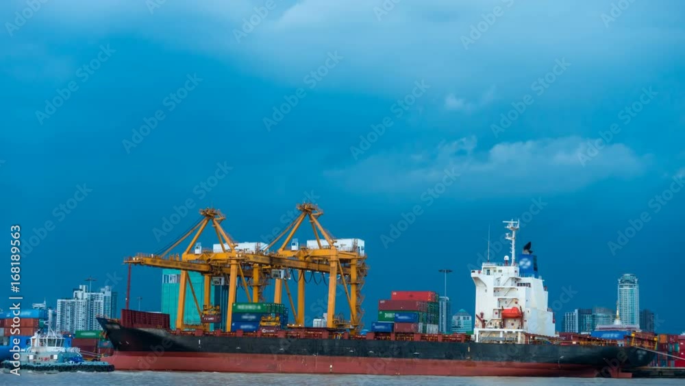 Shipping port. Trade dock. International import export container cargo ship loading or unloading ...