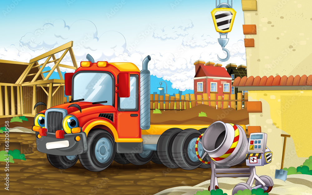 cartoon scene of a construction site with heavy truck smiling ...