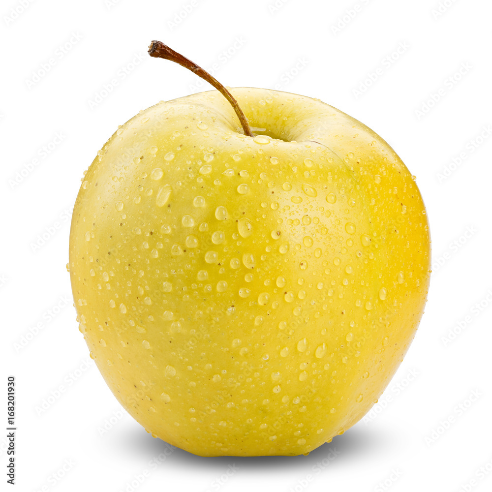 Yellow apple isolated on white background with water drop in full depth ...