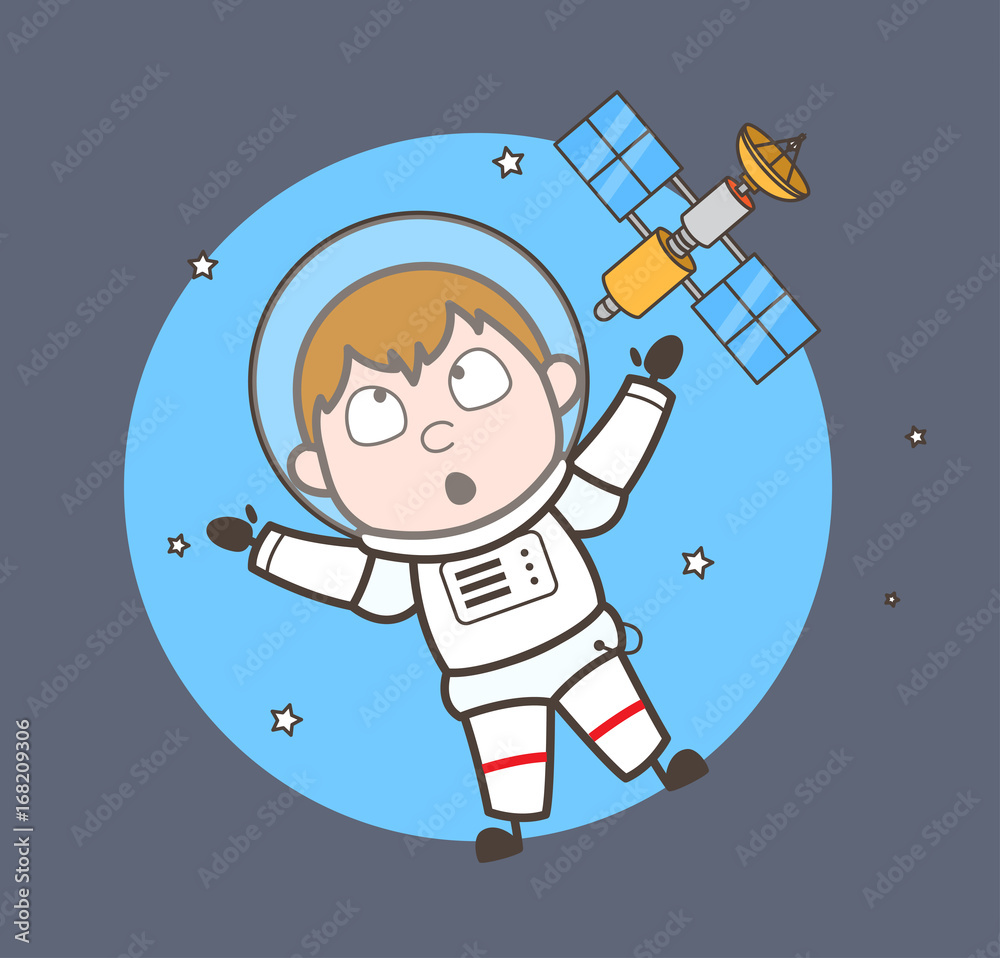 Cartoon Cosmonaut with Satellite Vector Illustration Background Stock ...