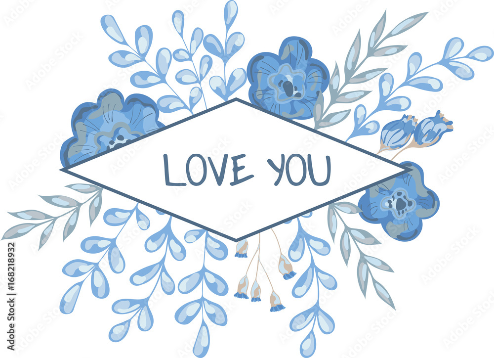 Vector illustration of rhombus shaped flower frame with the word "love ...