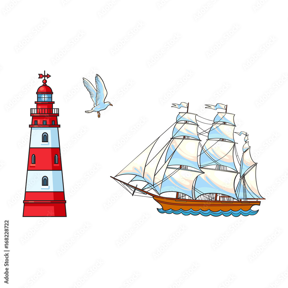 Ship And Lighthouse Drawing