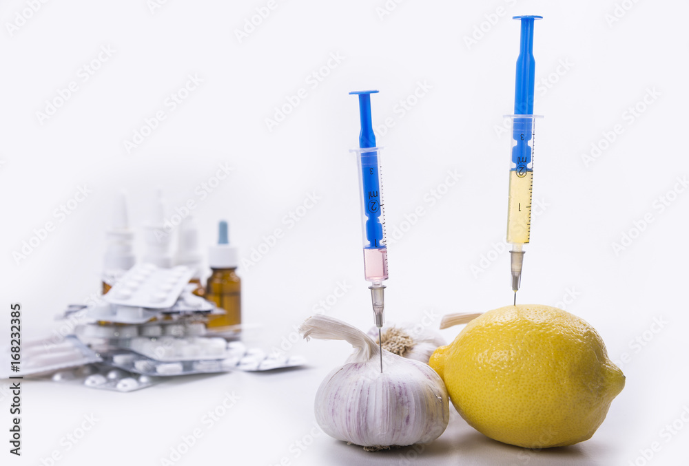 Vitamins from garlic ad lemon are taking out with the injection. White ...