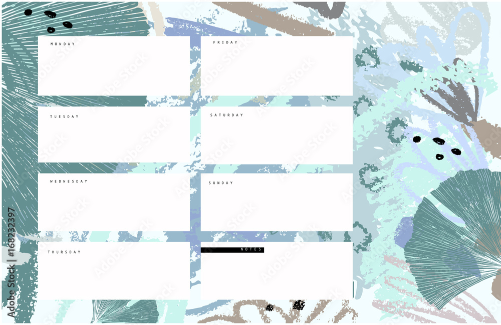 Weekly planner. Hand drawn brush strokes. Abstract tropical background ...