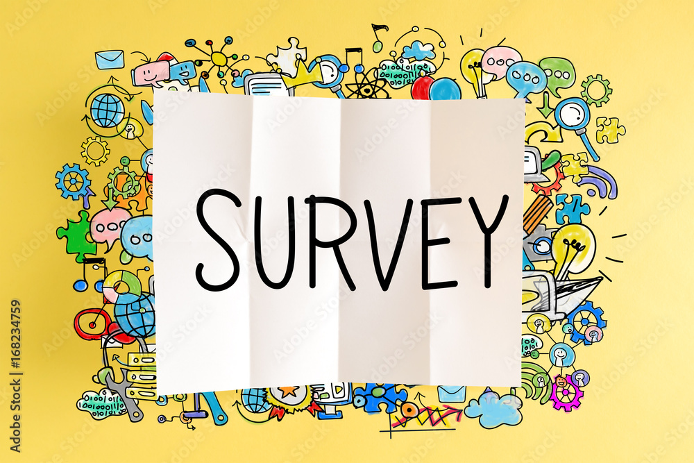 Survey text with colorful illustrations on a yellow background Stock ...
