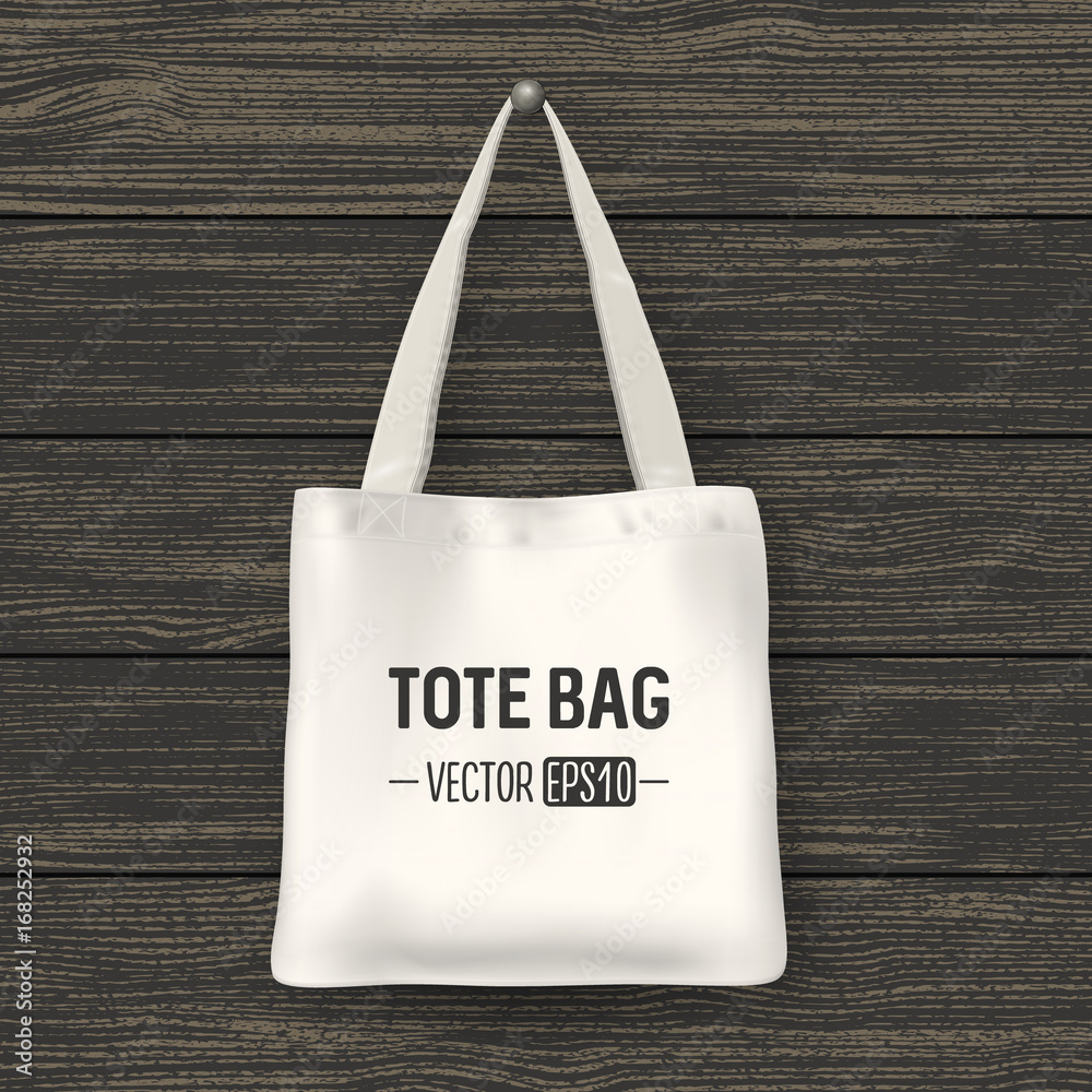 Realistic vector white textile tote bag. Closeup on wood background. Design template for ...