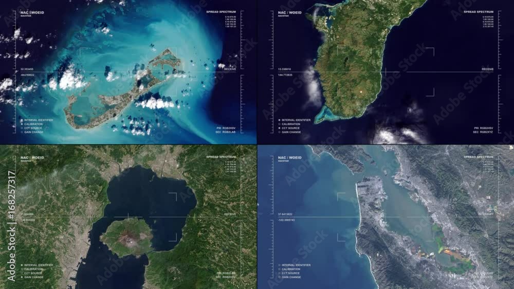Four-panel display of aerial surveillance screens: Guam, Kagoshima ...