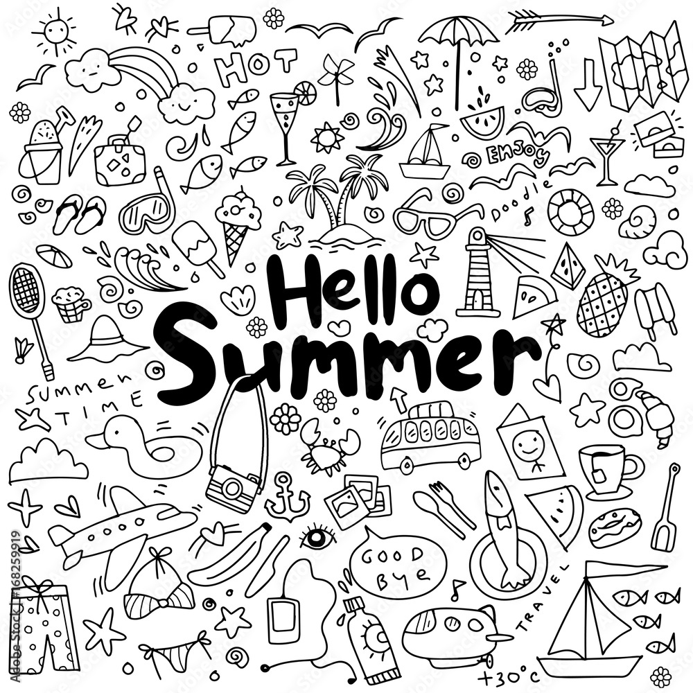Hand drawn vector illustration set of summer elements.Hand drawing ...