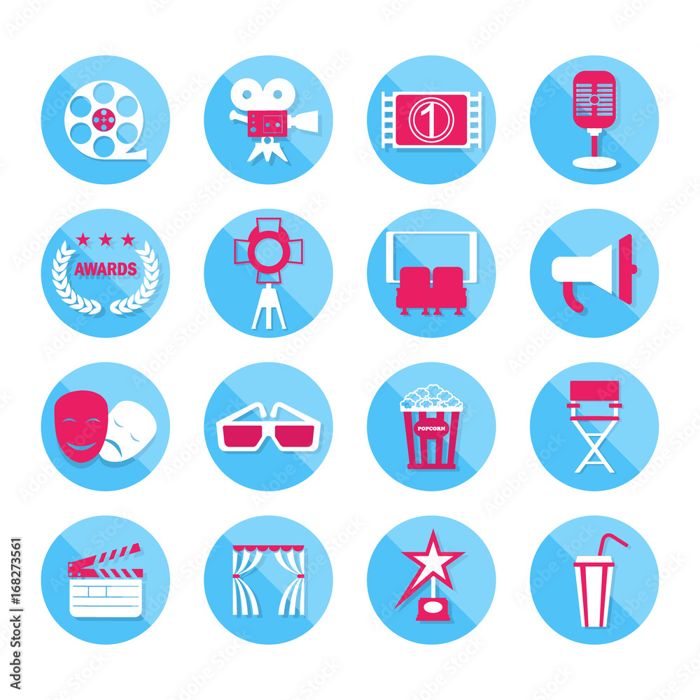 Big big set of cinema icons. Flat vector cartoon illustration. Objects ...
