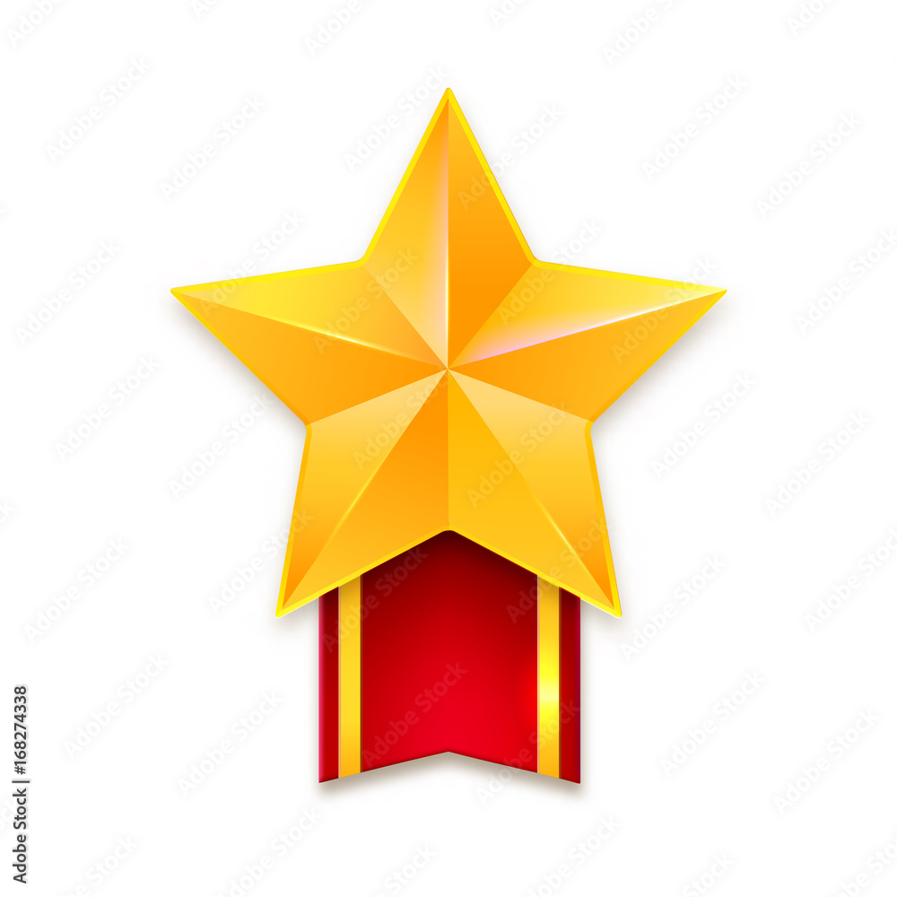 Yellow metal star with red ribbon and gold stripes. Golden star with ...