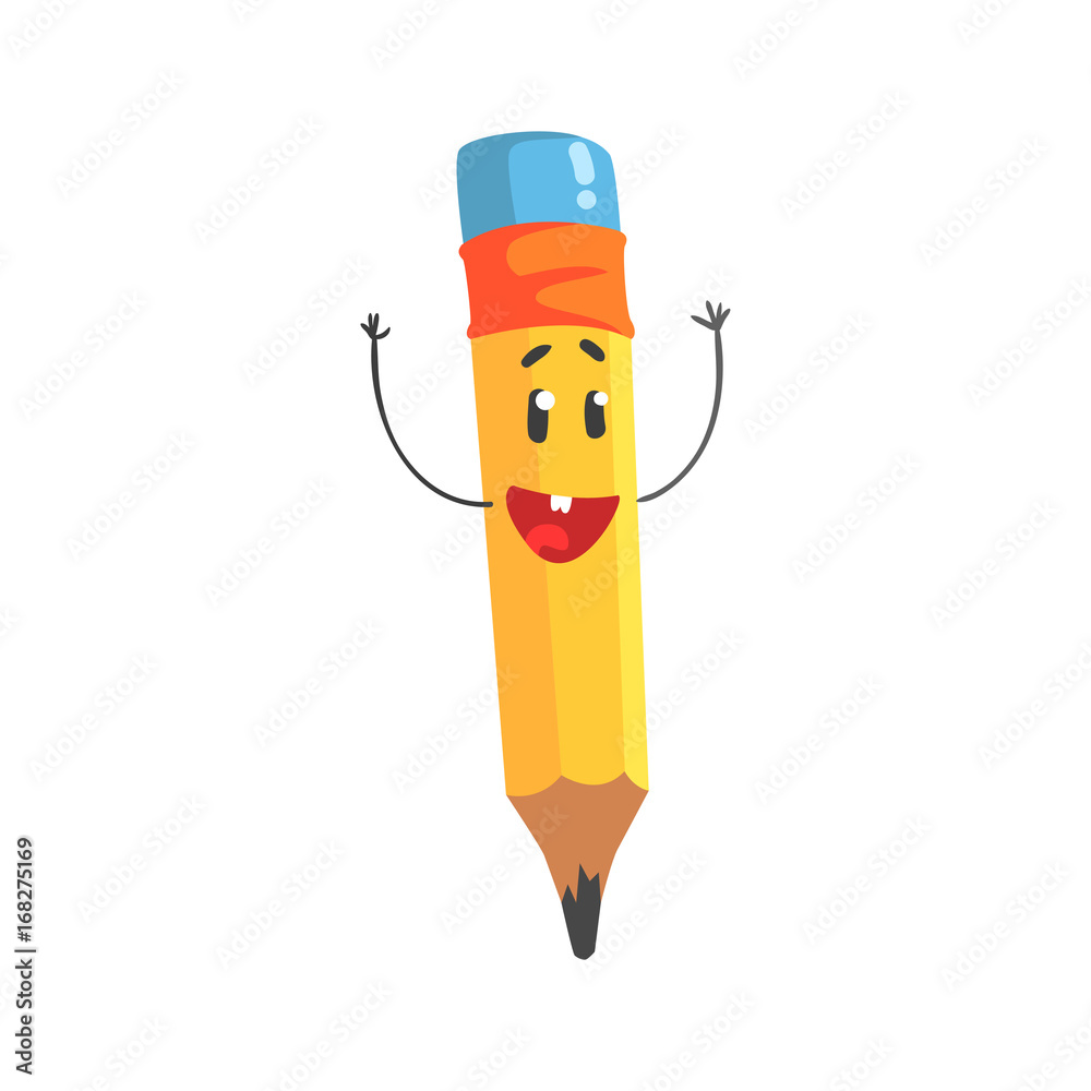 Cute happy cartoon yellow pencil character with hands up, humanized ...