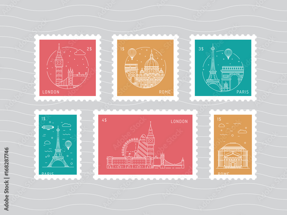 A set of postage stamps vector, flat, depicting European architectural ...