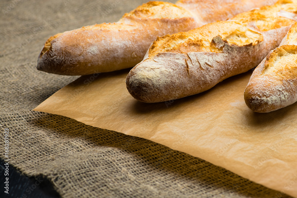 still life with three French fresh bread baguettes with poolish in rays ...