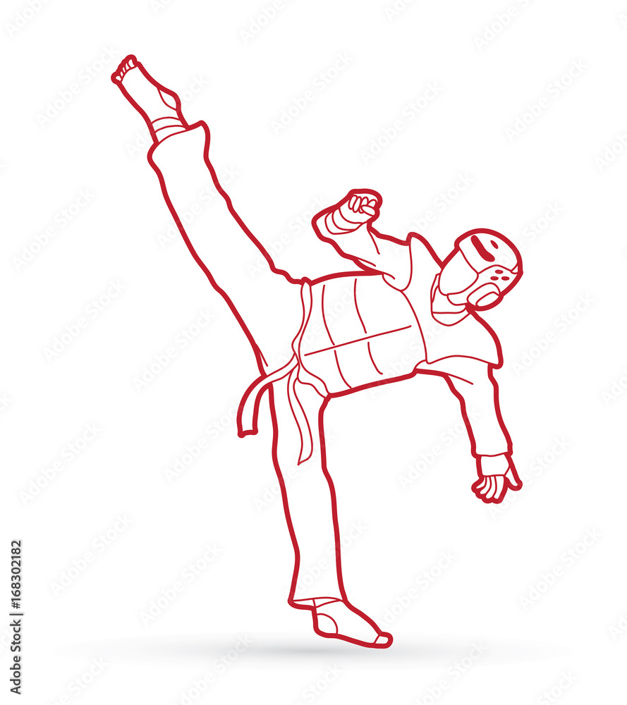 Taekwondo high kick action with guard equipment outline graphic vector ...