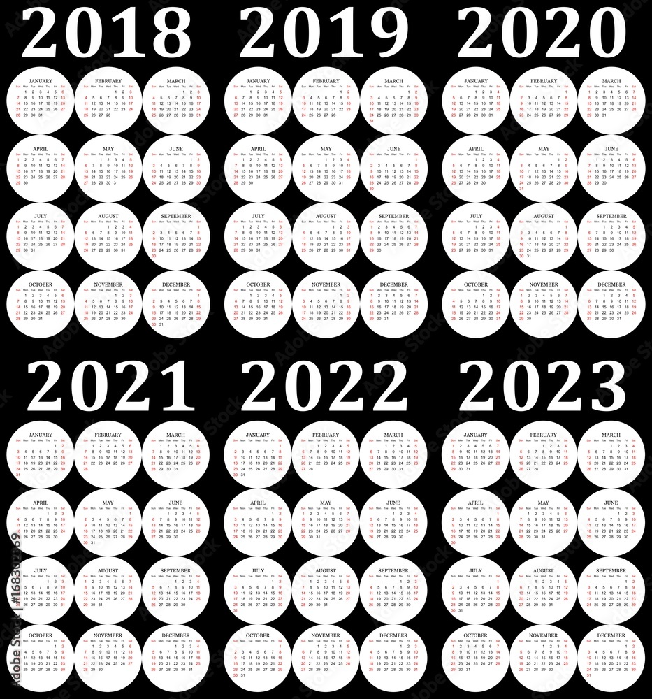 Six year calendar - 2018, 2019, 2020, 2021, 2022 and 2023. Stock Vector ...