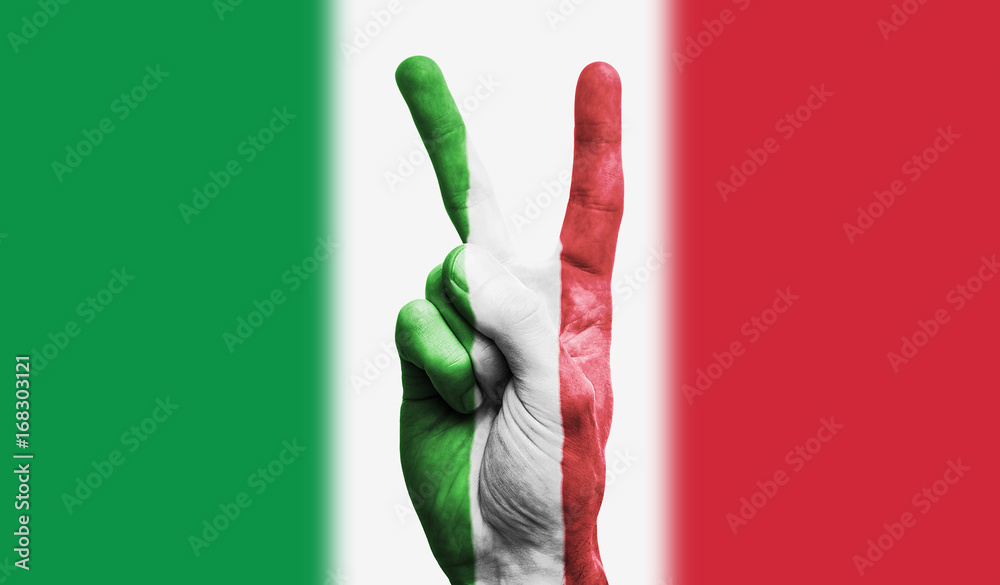 Italy national flag painted onto a male hand showing a victory, peace ...