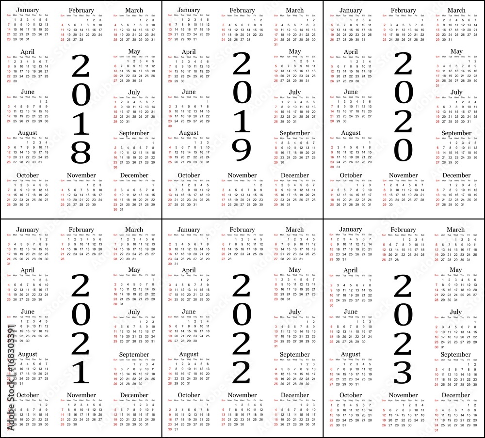 Six year calendar - 2018, 2019, 2020, 2021, 2022 and 2023 in white ...