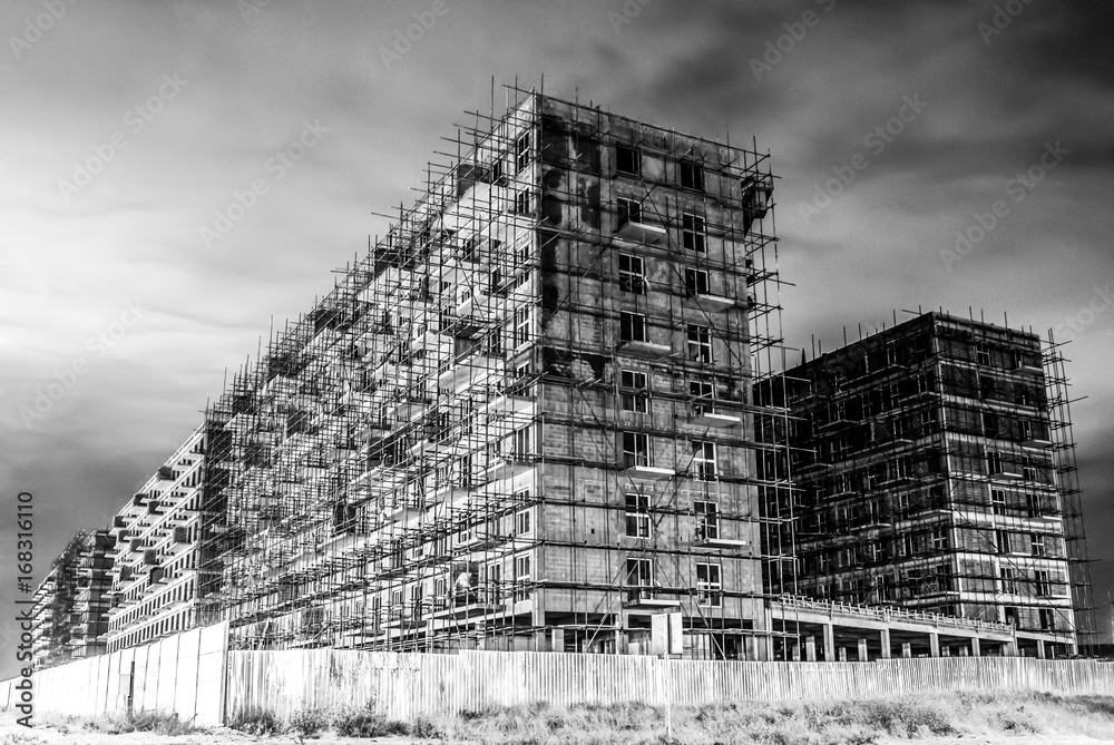 Building construction in black and white - night. Stock Photo | Adobe Stock