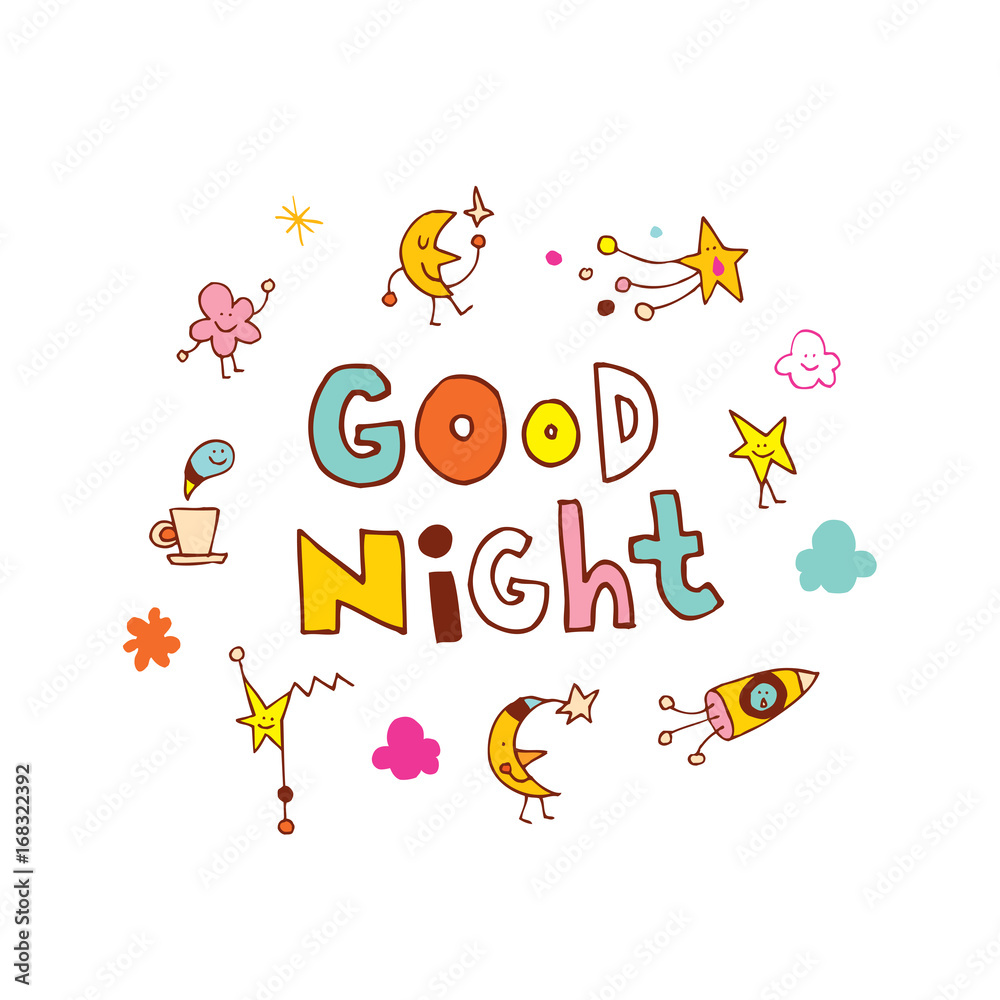 good night hand lettering design with cute characters Stock Vector ...