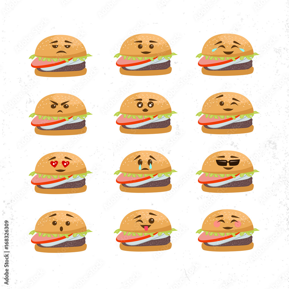 Vector Set Of Different Burger Faces. Smile emoji emoticon face in ...