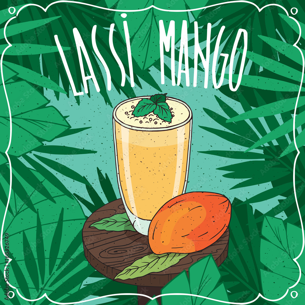 Mango Lassi, Indian drink with fresh juice, on wooden table with ripe ...